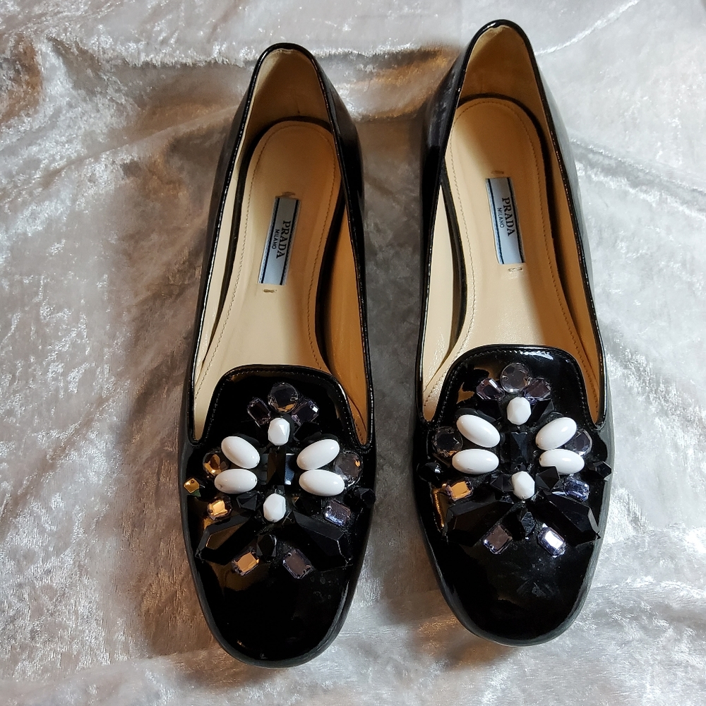Prada Black Patent Leather Very Unique Embellished Fl… - Gem